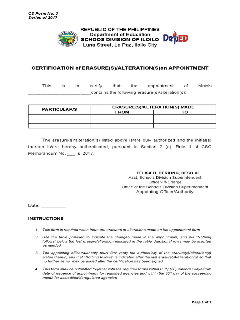 Certification of Appointment Alterations | PDF