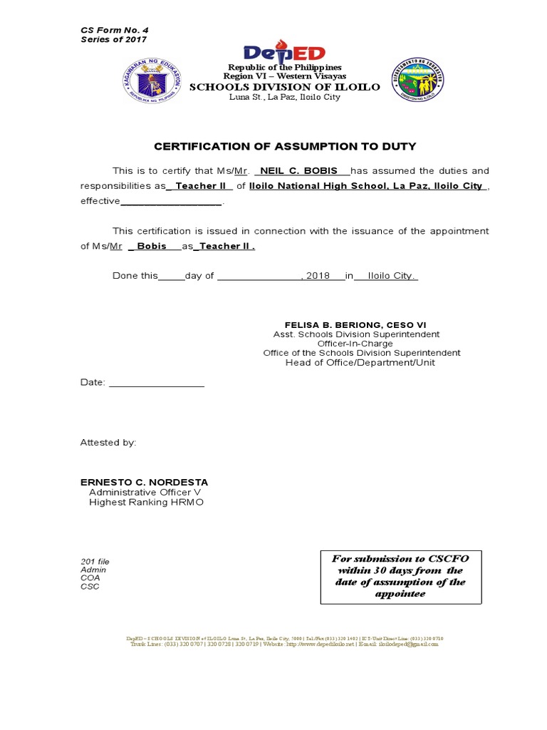 Certification of Assumption To Duty | PDF