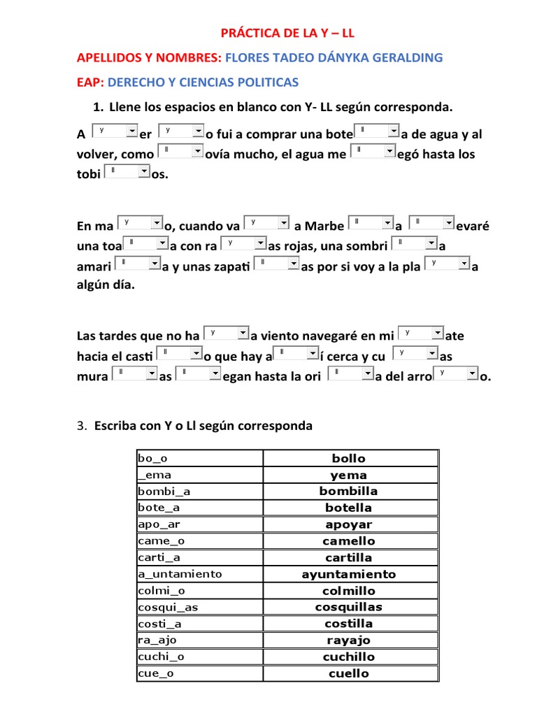 PRÁCTICA DE LA Y - LL - Ortografia | PDF