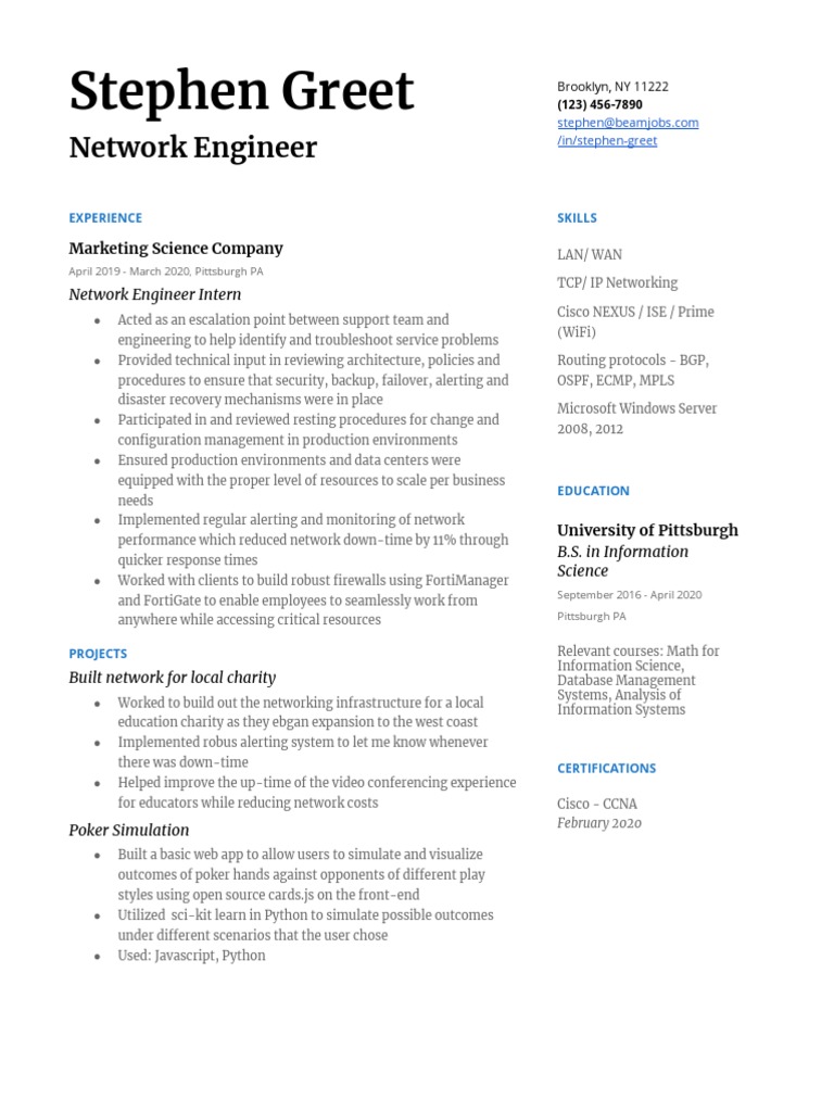 Entry Level Network Engineer Resume | PDF | Computer Network | Cisco Certifications