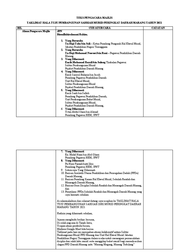 TEKS PENGACARA MAJLIS Ppda Daerah Marang | PDF