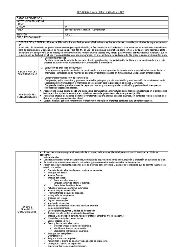 EPT 5to PROGRAMACIÓN CURRICULAR ANUAL EPT | PDF | Microsoft Excel | Informática
