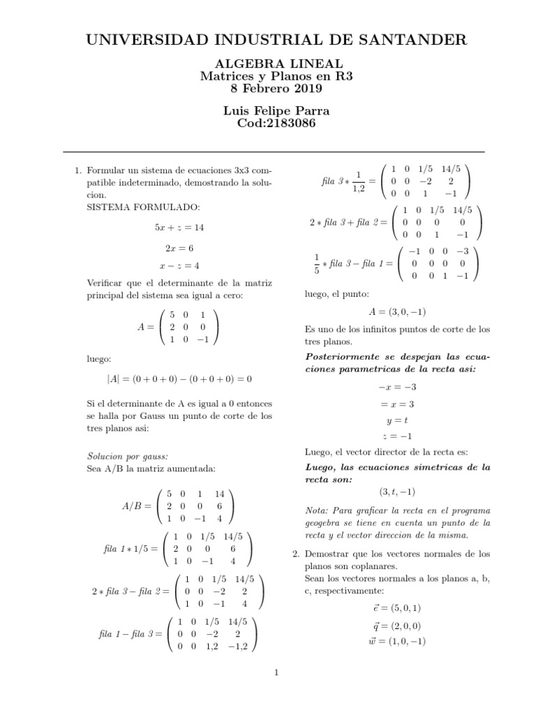 Sistemas de Ecuaciones y Planos en R3 | PDF | Determinante | Matriz ...
