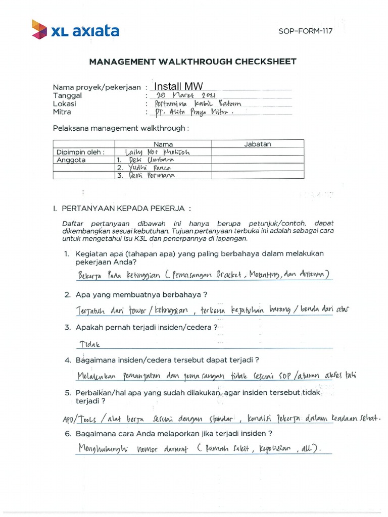 Management Walkthrough Checksheet - Rev1 | PDF