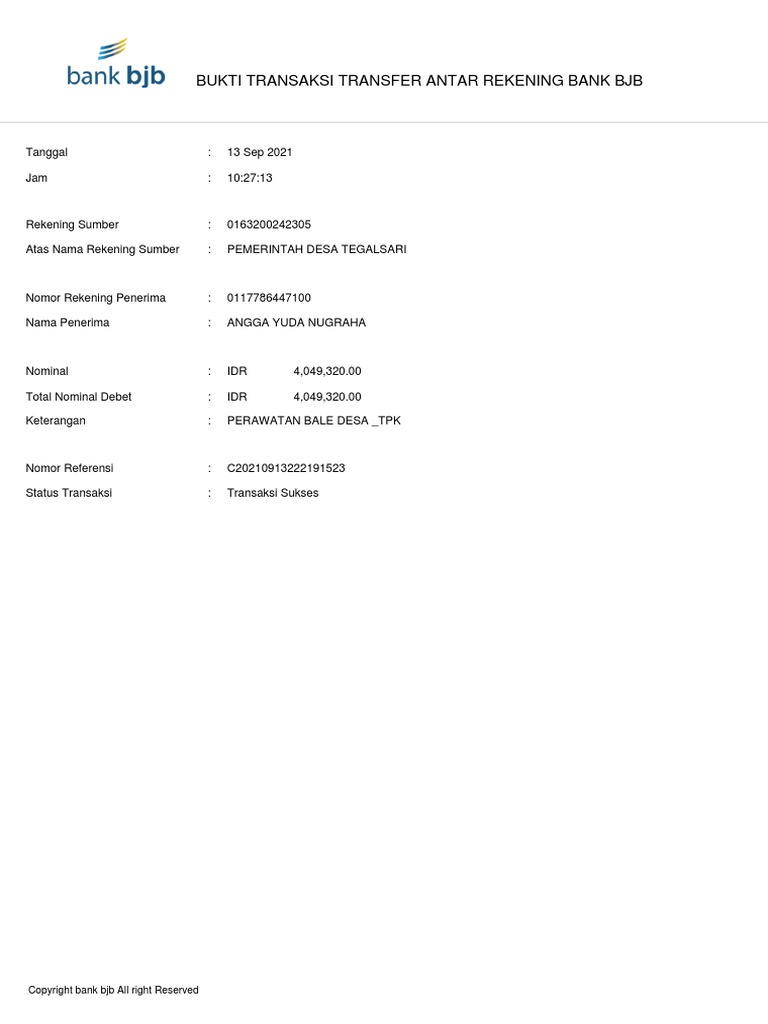 Bukti Transaksi Transfer Antar Rekening Bank BJB | PDF