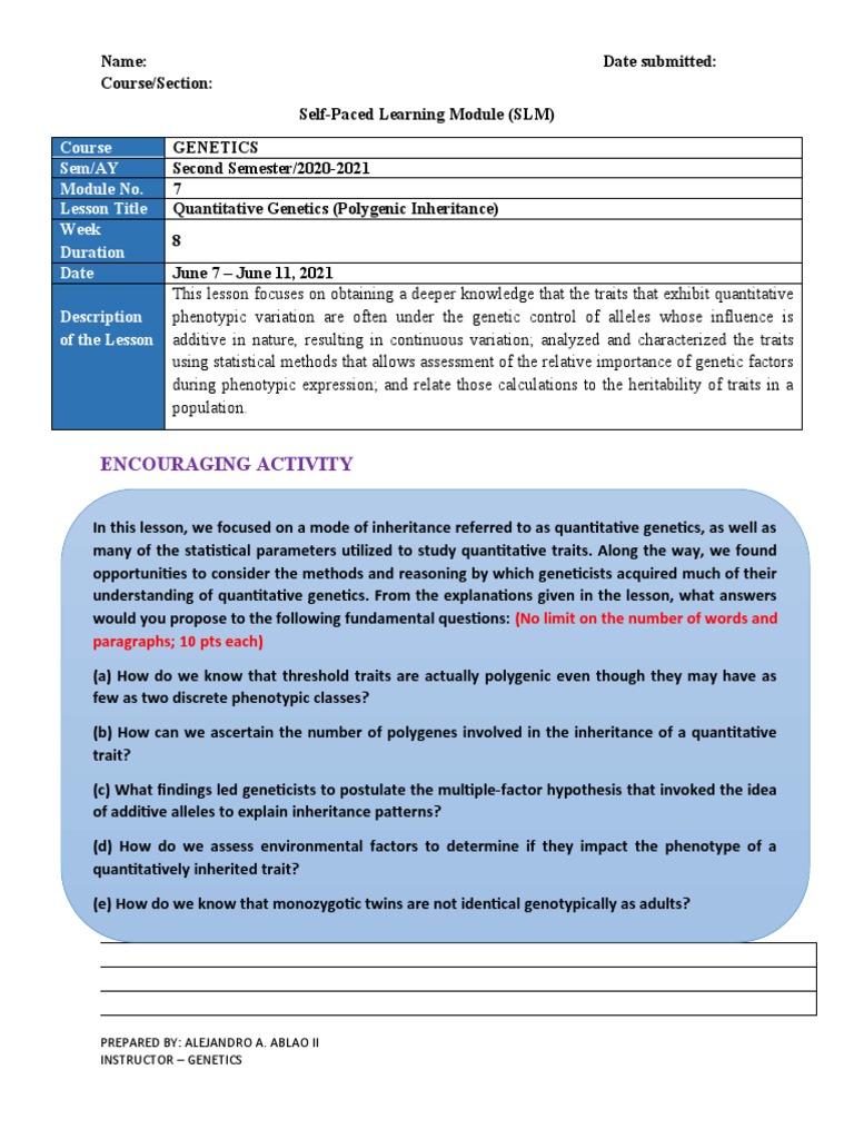 Module Exercise 7 - Answer Sheet | PDF | Heredity | Phenotypic Trait