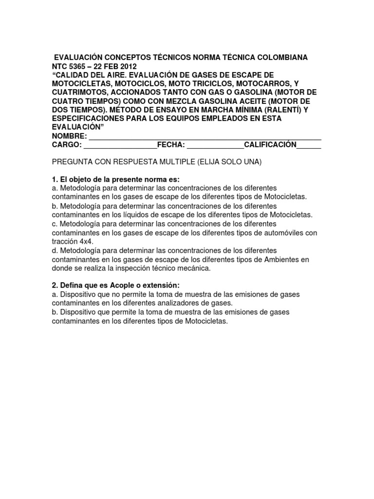 Evaluación Conceptos Técnicos Norma Técnica Colombiana NTC 5365 | PDF | Coche | Contaminación