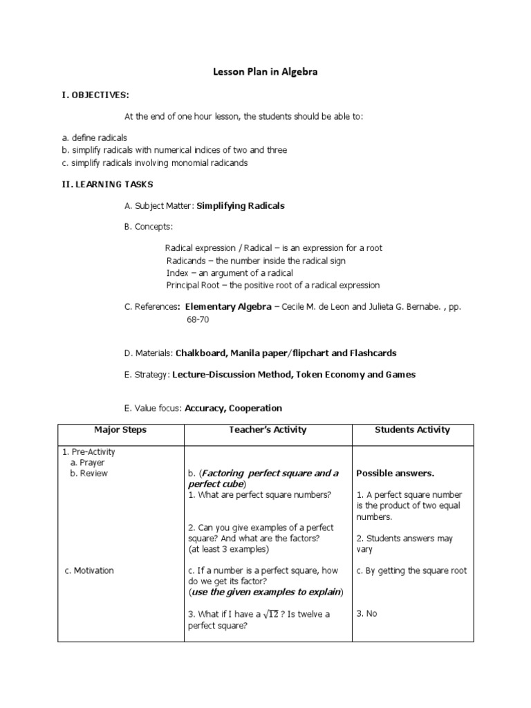Lesson Plan in Algebra: I. Objectives | PDF | Square Root | Behavior ...