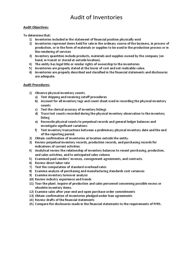 Audit of Inventories - Objectives & Procedures | PDF | Inventory | Audit
