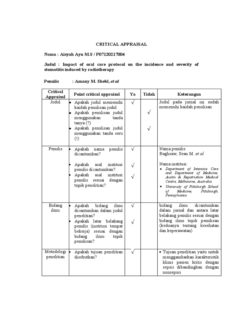 Critical Appraisal Check List | PDF