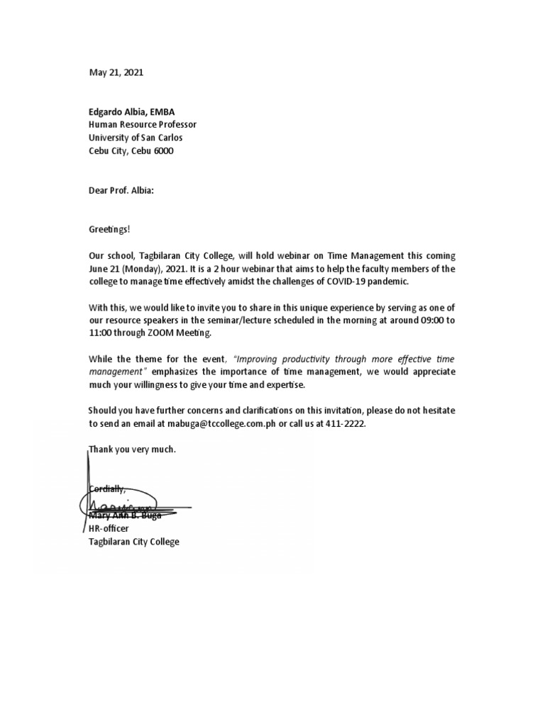 Sample Invitation Letter For Resource Speakers Seminar | PDF | Career ...