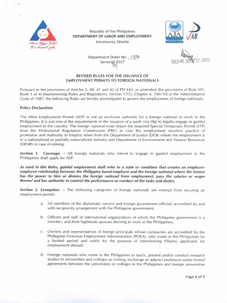 DOLE DO 186-17 - AEP Requirements | PDF | Travel Visa | Employment