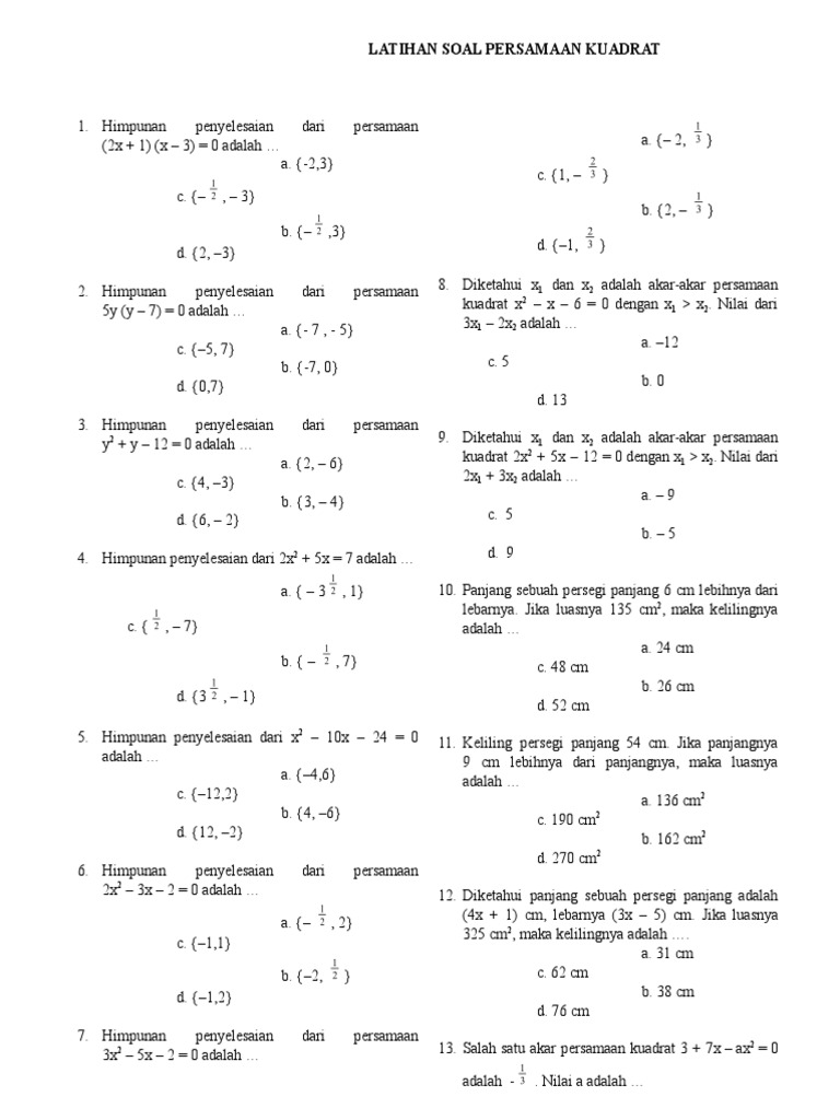 Latihan Soal Persamaan Kuadrat | PDF