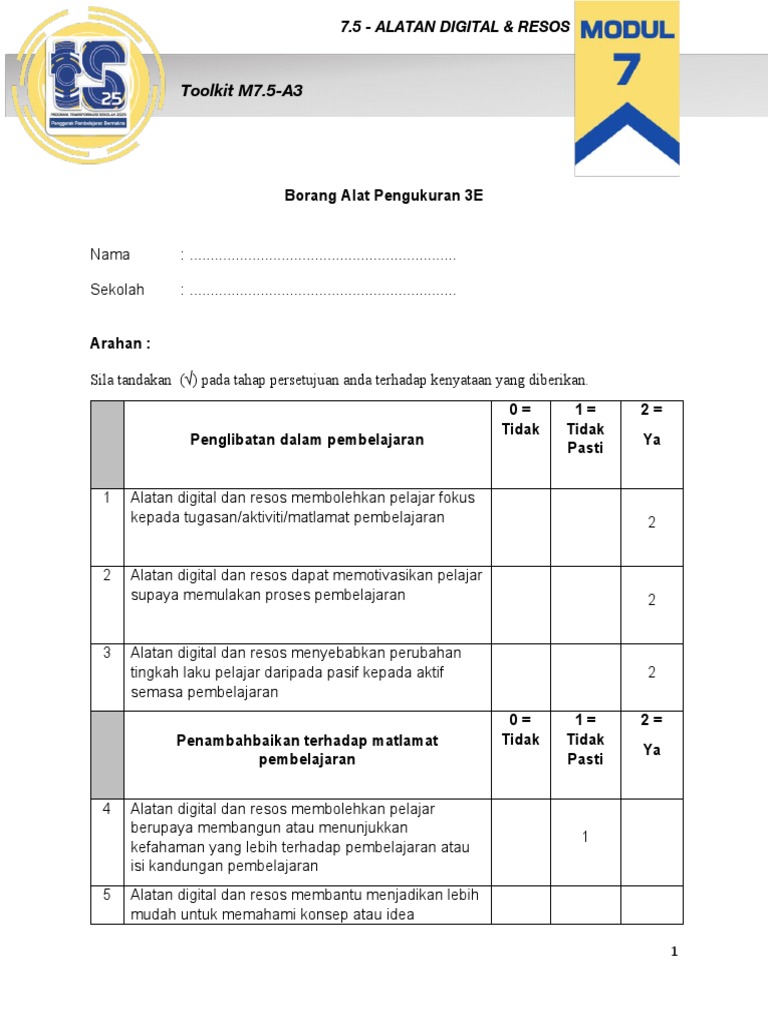 Toolkit M7.5-A3 (Borang Alat Pengukuran 3E) | PDF