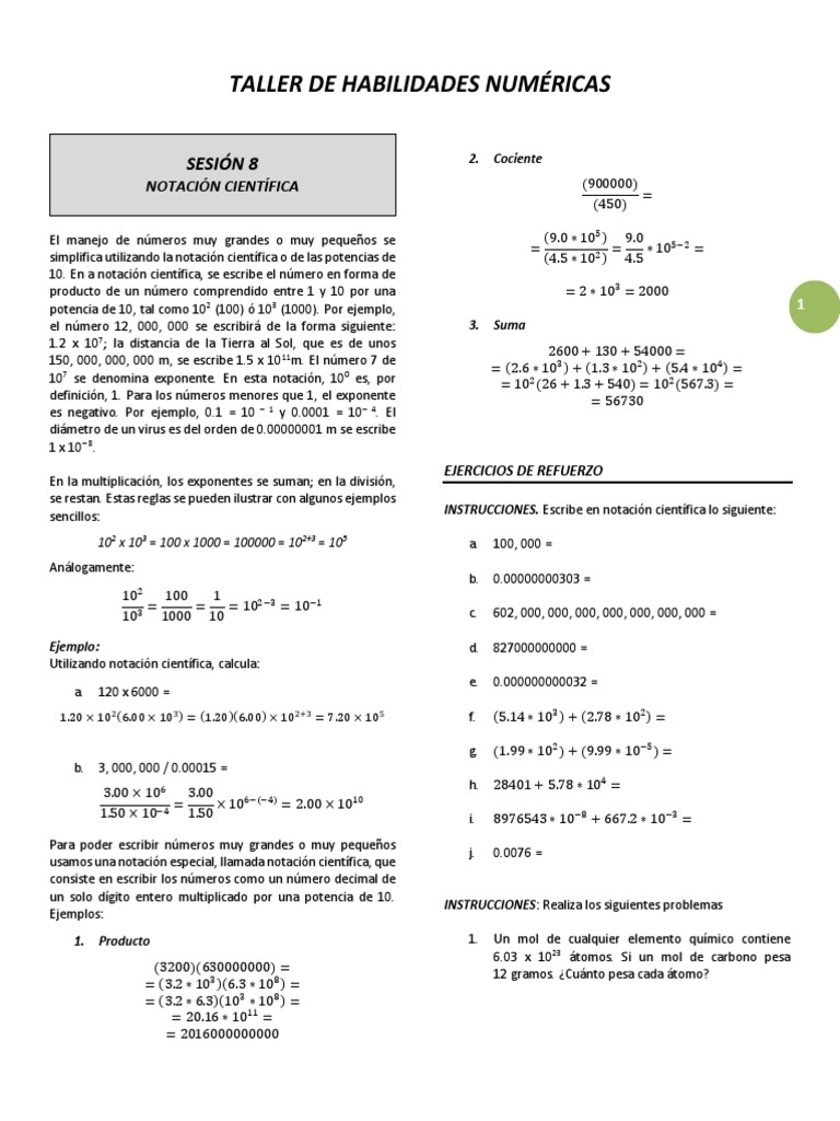 TALLER DE HABILIDADES NUMÉRICAS - Parte 1 - 8 | PDF | Exponenciación ...