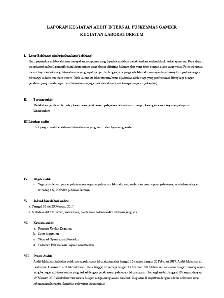 Tugas Laporan Audit Internal Laboratorium Ukp Gambir | PDF