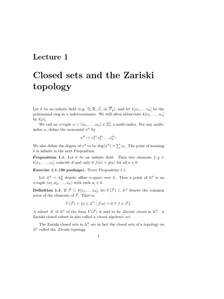 Closed sets and the Zariski topology: q 1 n 1 n n + α α α 1 α 2 α n α α ...