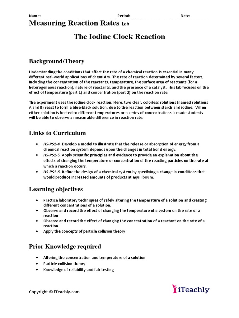 6 3 The Iodine Clock Reaction Lab | PDF | Reaction Rate | Chemical ...