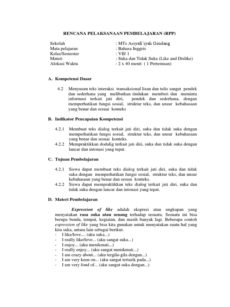 RPP B. Ing Like and Dislike | PDF