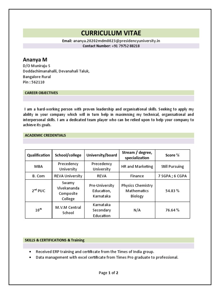 Ananya M - Curriculum Vitae Copy 2 | PDF