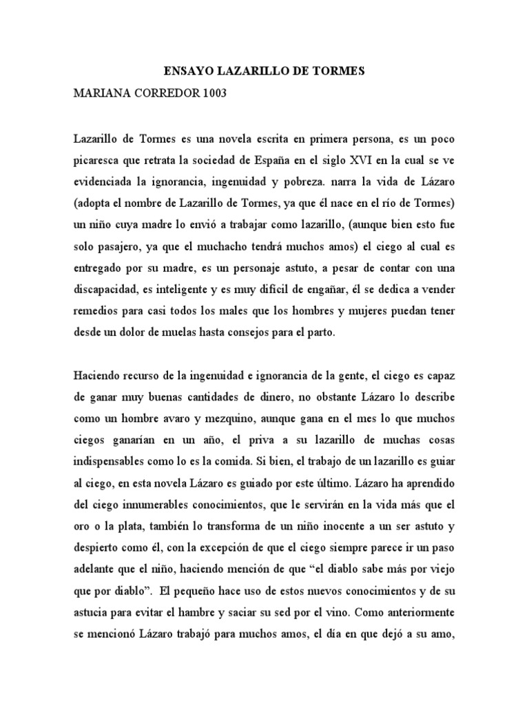 ENSAYO LAZARILLO DE TORMES - Mariana | PDF