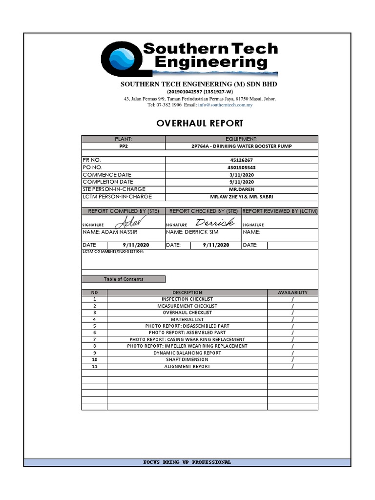 Overhaul Report - 2p764a | PDF | Pump | Tools