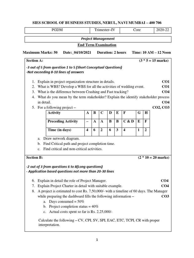 PGDM Project Management Exam Paper | PDF | Business | Project Management