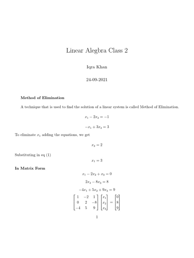 Class 2 BEE-3C Linear Algebra | PDF | System Of Linear Equations ...