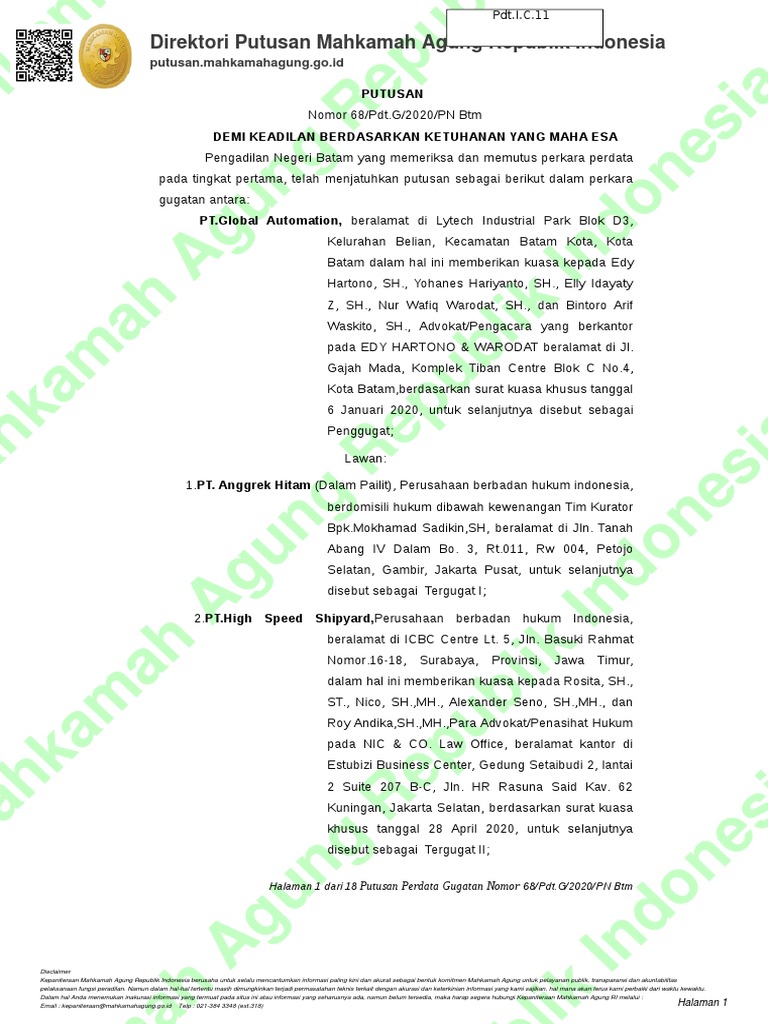 Putusan 68 PDT.G 2020 PN BTM 20210719 | PDF