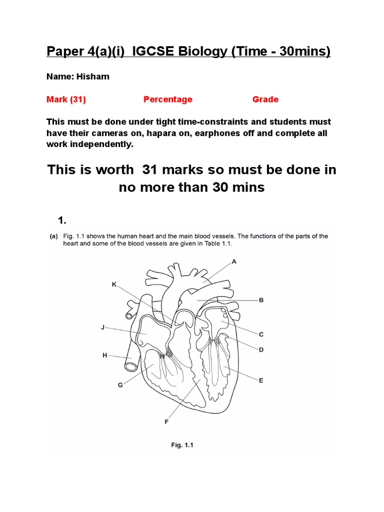 Paper 4 (A) (I) IGCSE Biology (Time - 30 Mins) | PDF | Heart Valve ...
