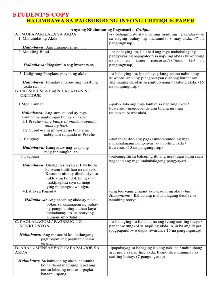 Halimbawa Sa Pagbubuo NG Critique Paper | PDF