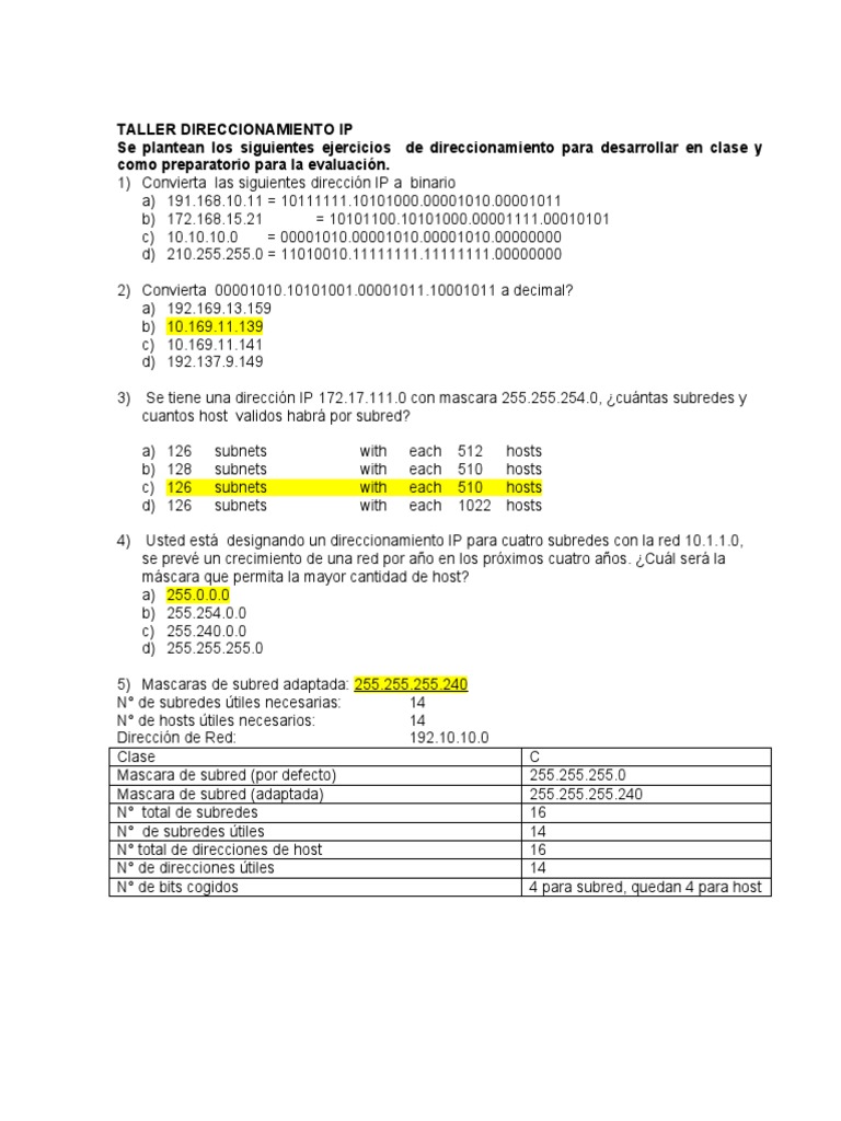 Taller de Ejercicios de Subnetting IP | PDF | Dirección IP | Red de computadoras