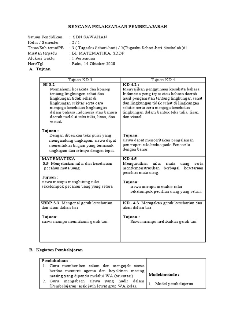 RPP TEMA 3 SUB TEMA 1 PEMBEL 1 Kls.2 | PDF | Karier & Perkembangan
