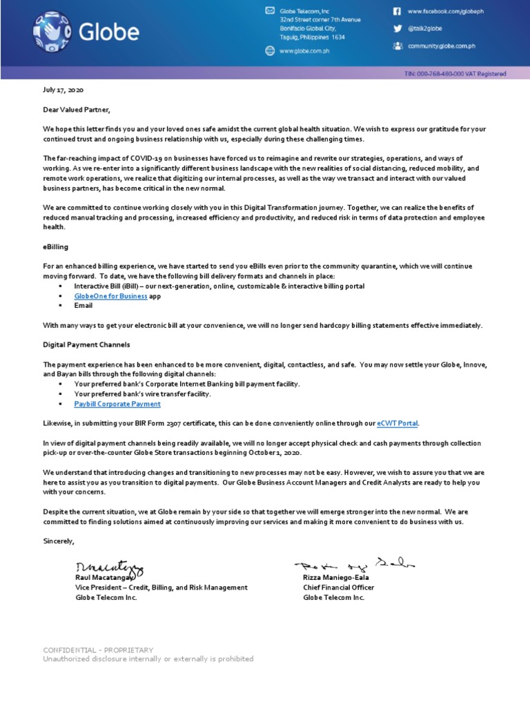 Letter From Globe CFO On Digital Transformation | PDF | Payments ...