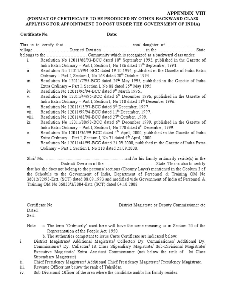 OBC Caste Certificate Format for India | PDF | Magistrate | Government