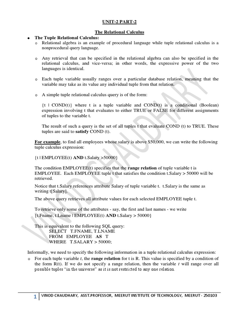 Unit-2 Part-2 The Relational Calculus | PDF | Relational Model | Relational Database