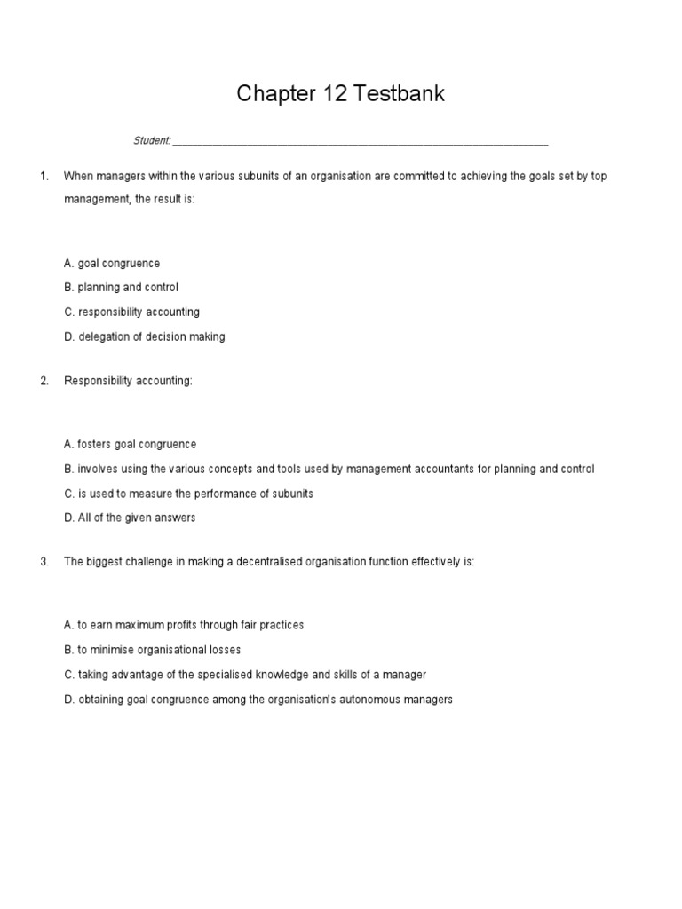 Chapter 12 Testbank on Responsibility Accounting | PDF | Profit ...