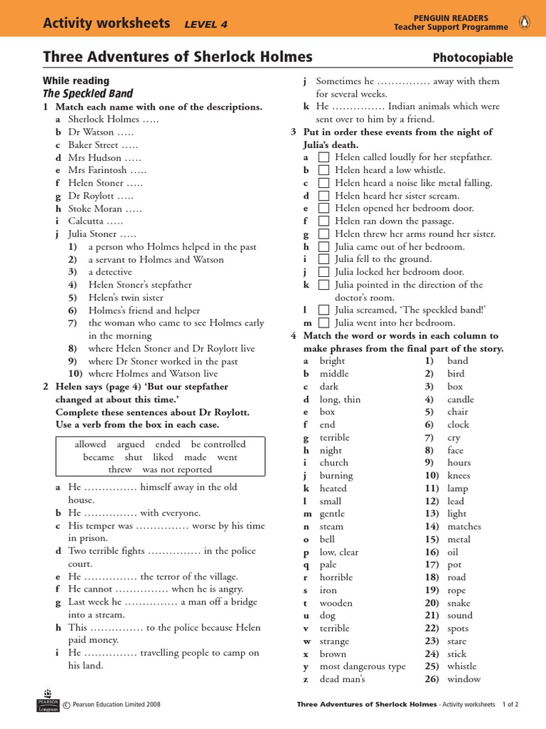 Three Adventures of Sherlock Holmes: Activity Worksheets | PDF | The ...