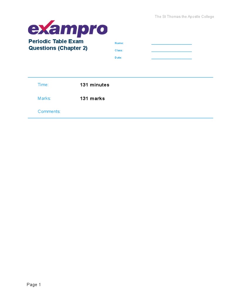 Periodic Table Exam Questions (Chapter 2) : 131 Minutes 131 Marks | PDF ...