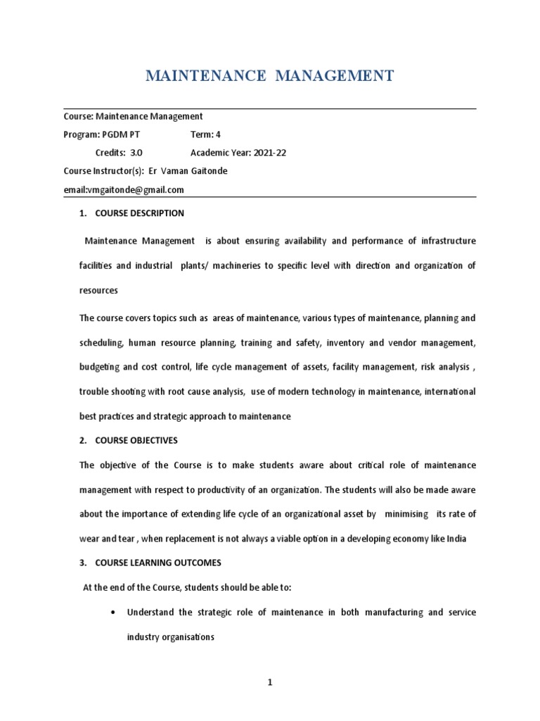 Maintenance Management - Course Outline (4) (AutoRecovered) | PDF ...