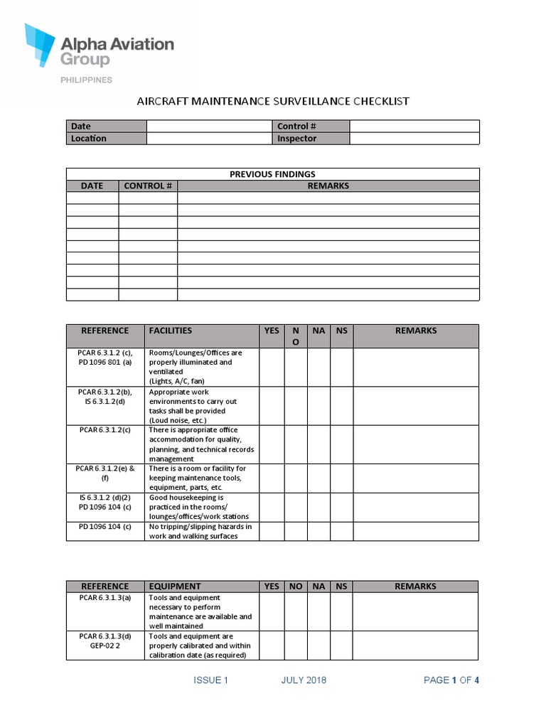 Aircraft Maintenance Surveillance Checklist | PDF | Transport