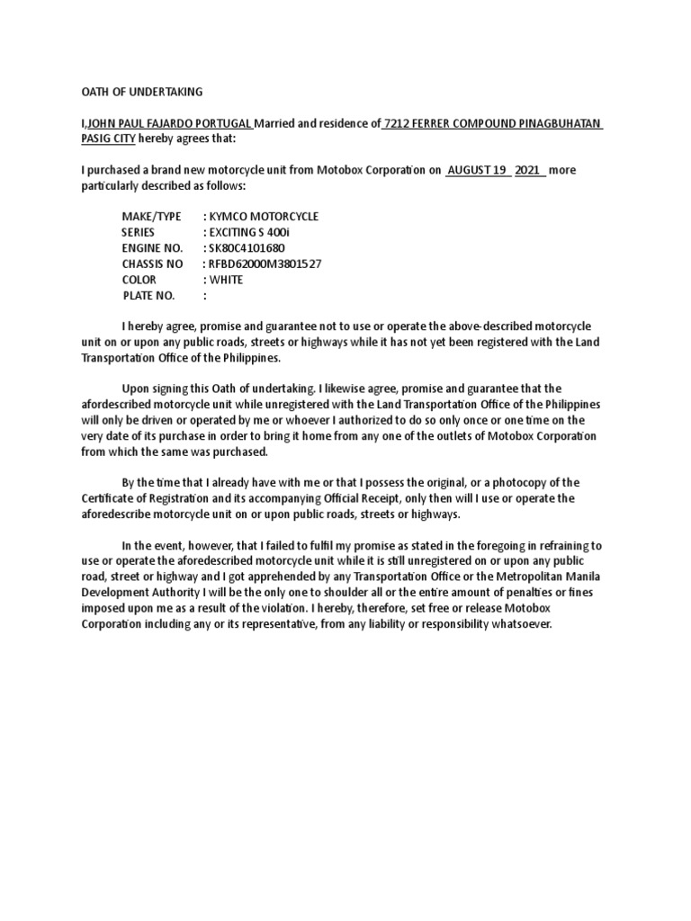 Oath of Undertaking | PDF | Transport