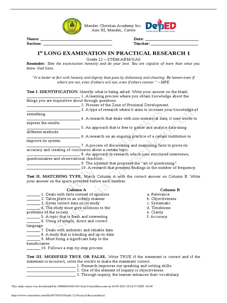 Grade 12. Practical Research | PDF | Inquiry | Knowledge