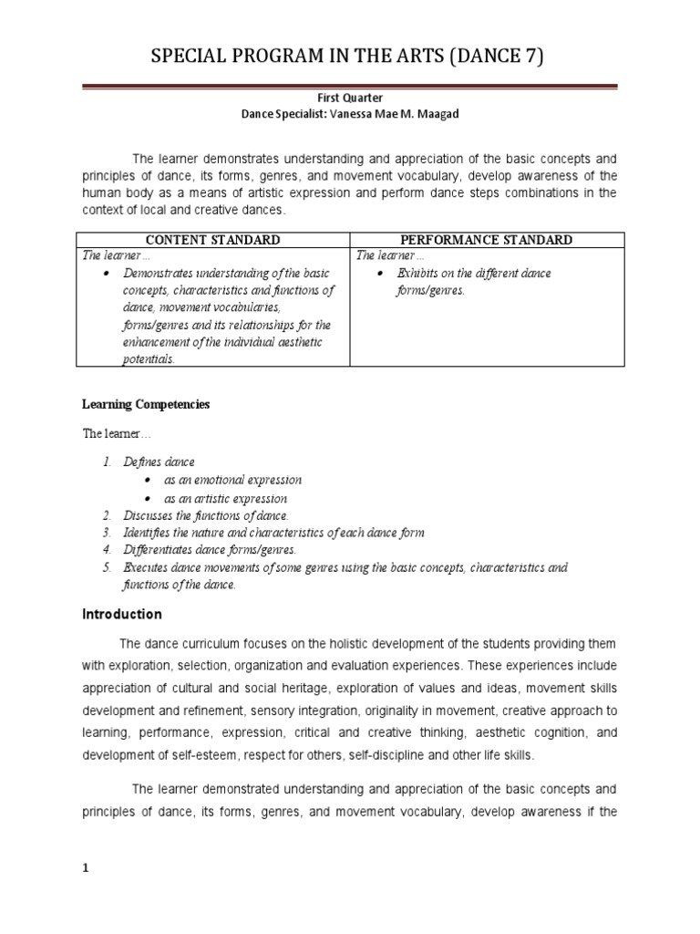 Special Program in The Arts (Dance 7) : Content Standard Performance ...