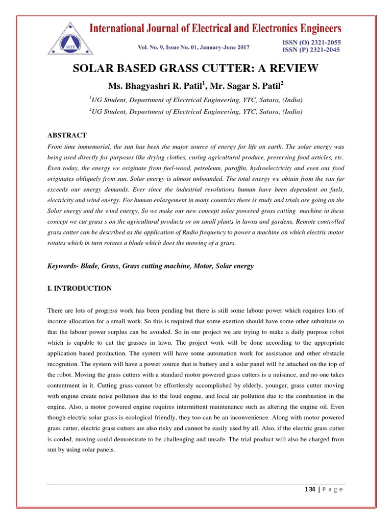 Solar Based Grass Cutter A Review | PDF | Battery Charger | Physical ...