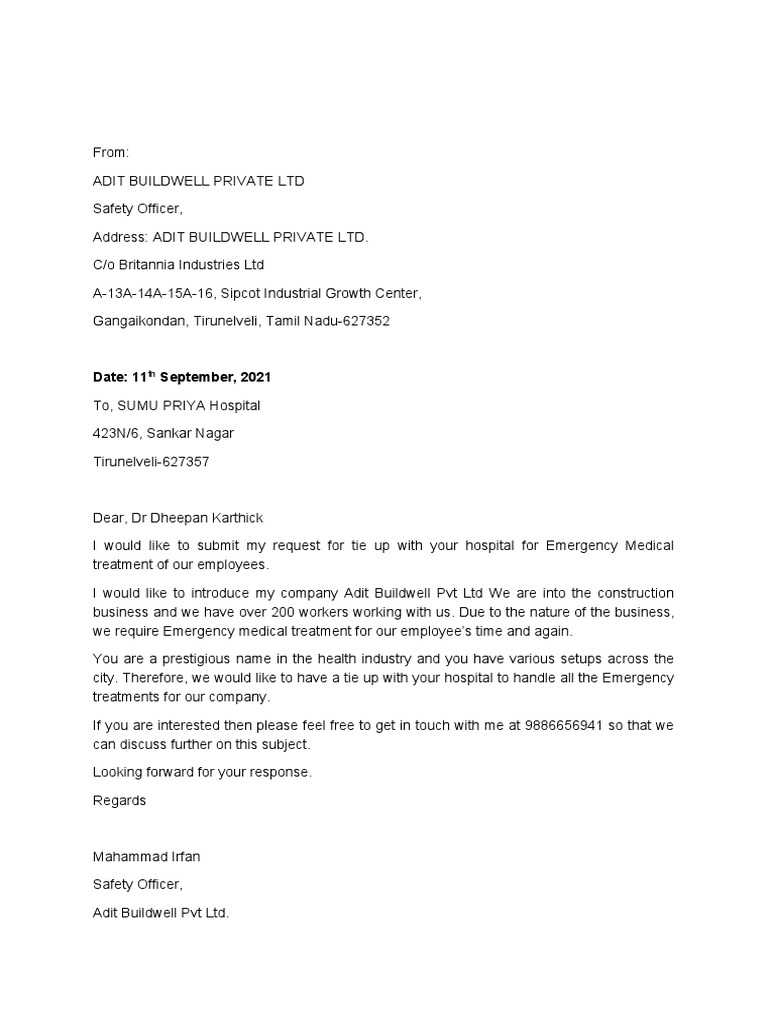 Hospital Tie Up Letter | PDF