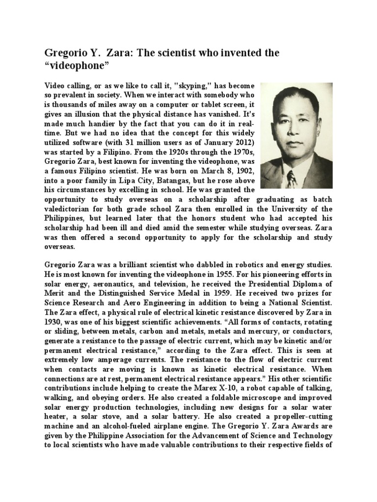 Gregorio Y. Zara: The Scientist Who Invented The "Videophone" | PDF ...