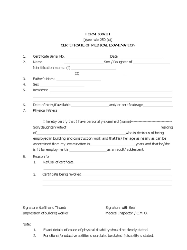 Medical Examination Certificate Form XXVIII | PDF