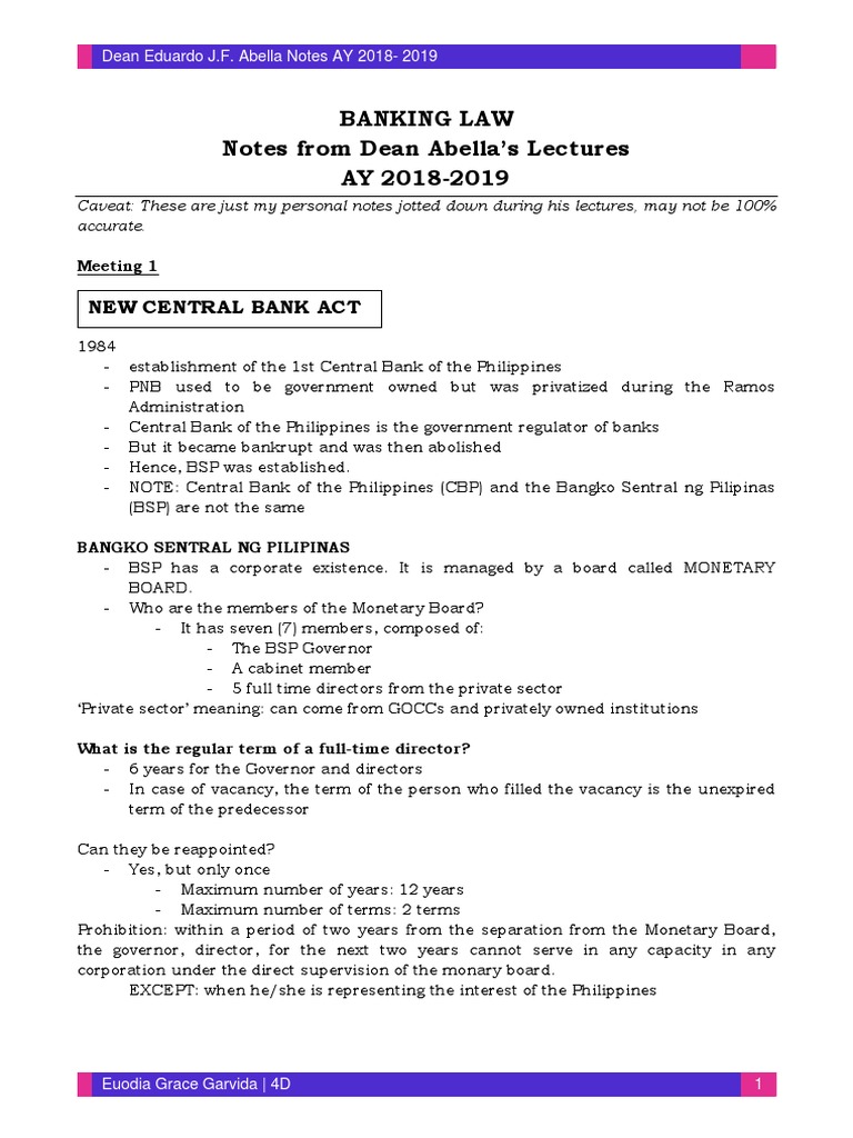 Banking Law Notes From Dean Abella's Lectures AY 2018-2019: New Central ...