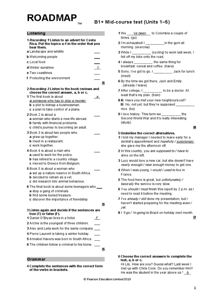 Roadmap: B1+ Mid-Course Test (Units 1-5) | PDF